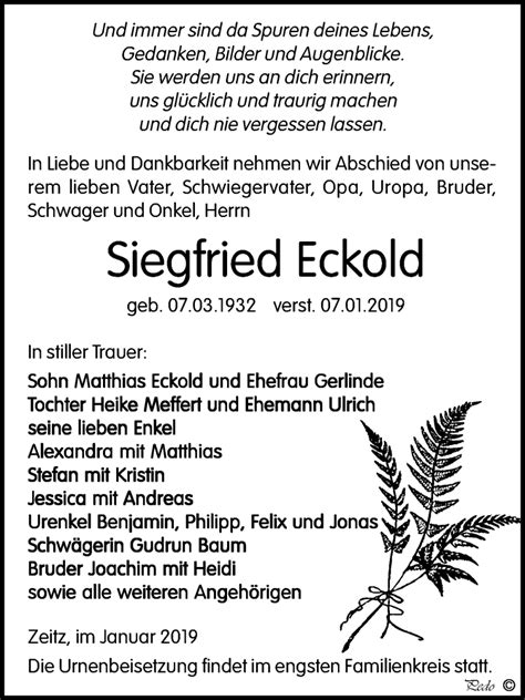 Traueranzeigen Von Siegfried Eckold Abschied Nehmende