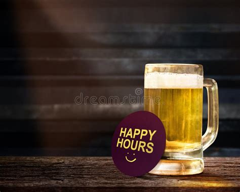 Happy Hours Promotional Concept Glass Of Beer On The Wooden Tab Stock