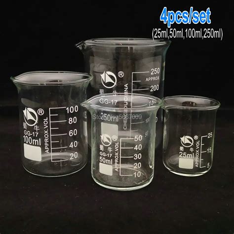 붕규산염 유리 비커 화학 실험 내열성 실험실 비커 실험실 장비 1 세트 25ml50ml100ml250ml비커