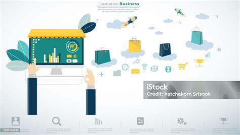 손 제스처 를 잡고 컴퓨터 플랫 스타일 아이콘 종이 가방 종이 로켓 접기 인포 그래픽 템플릿과 온라인 쇼핑 개념을 사용하여 0