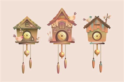 Cuckoo Clock Vector Illustration Set Objects Ft Pendulum