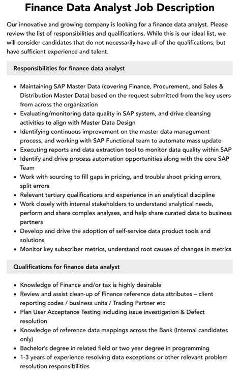 Finance Data Analyst Job Description Velvet Jobs