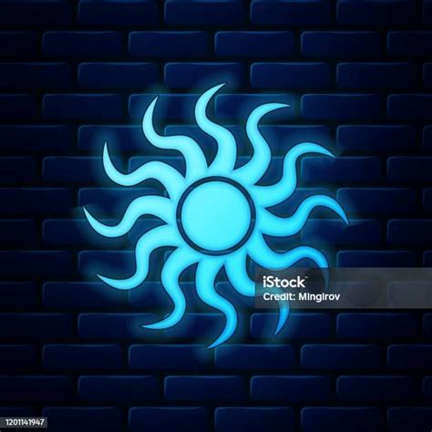 벽돌 벽 배경에 격리 빛나는 네온 태양 아이콘입니다 벡터 일러스트레이션 0명에 대한 스톡 벡터 아트 및 기타 이미지 0명 개념 광선 Istock