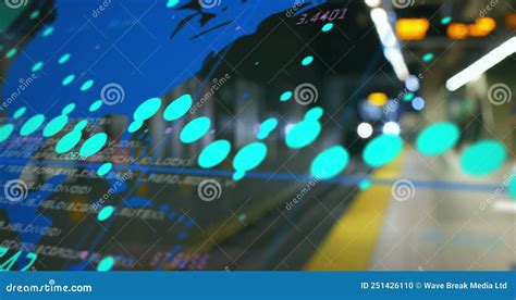 Animation Of World Map And Processing Data Over Underground Train Arriving At Metro Station