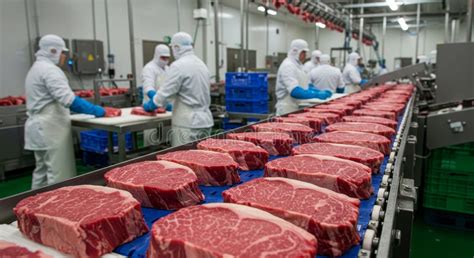Beef Processing Plant Production Line Rows Of Fresh Beef Steaks Move