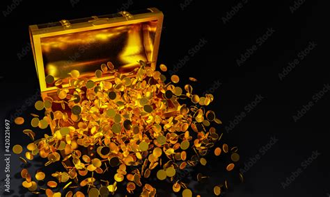Many Distribute Gold Coins Flew From The Treasure Chest A Treasure Chest Made Of Gold