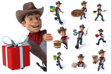 10个有趣的卡通牛仔 Psd 3d 插图 魔棒网