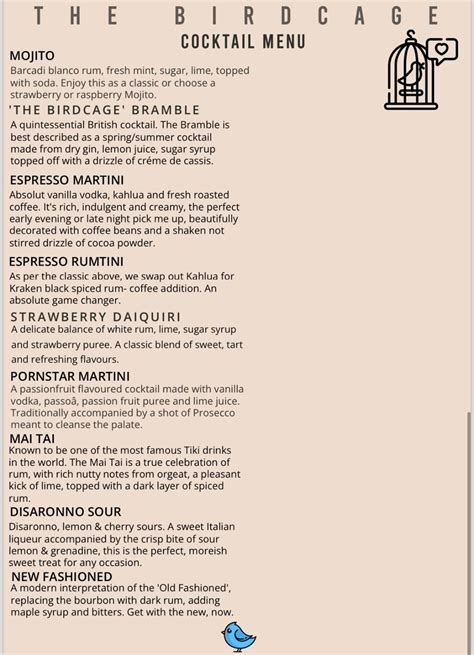 Menu At The Birdcage Middlesbrough Restaurant Middlesbrough