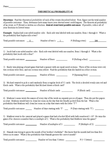 Theoretical Probability Worksheet 2 Pdf Probability Teaching