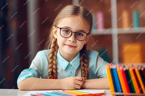 Premium Ai Image Portrait Of Cute Schoolgirl In Glasses Sitting At A