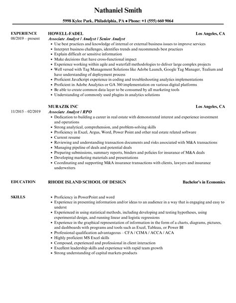 Associate Analyst Resume Samples Velvet Jobs