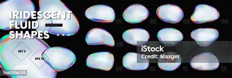 홀로그램 무지개 빛깔의 3d 유체 모양 추상 다채로운 밝은 액체 비정질 무지개 거품 다양한 형태의 형광 카멜레온 그라데이션 벡터 요소 세트 2 금속의에 대한 스톡 벡터 아트