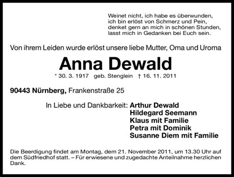 Traueranzeigen Von Anna Dewald Trauer Nn De