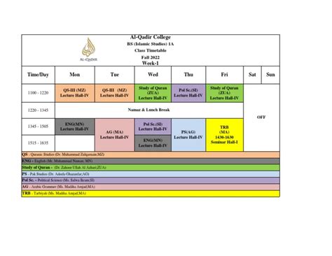 Class Timetable Bs Isd 1a Week1 Pdf