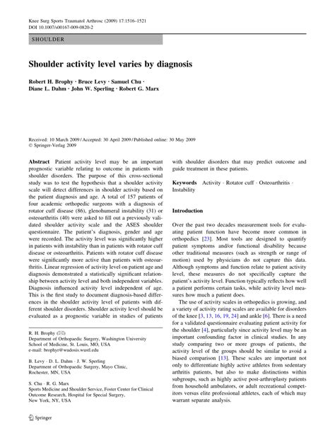 Pdf Shoulder Activity Level Varies By Diagnosis