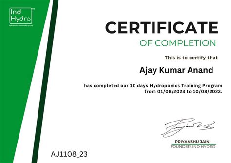 I Have Completed My Hydroponic Training Program From 01 08 23 To 10 08