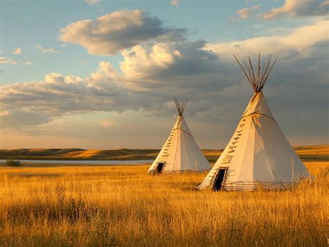 Teepee Camp On The Great Plains At Sunset Golden Hour Grassland