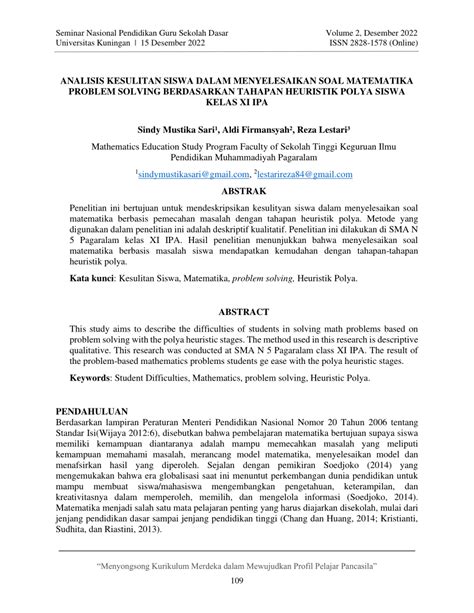 Pdf Analisis Kesulitan Siswa Dalam Menyelesaikan Soal Matematika Problem Solving Berdasarkan
