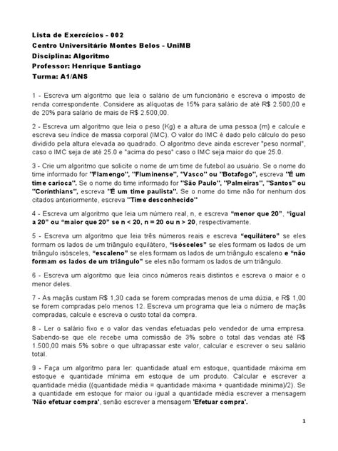 Lista Exercicios 002 Algoritmos Pdf Pdf Fahrenheit Índice De