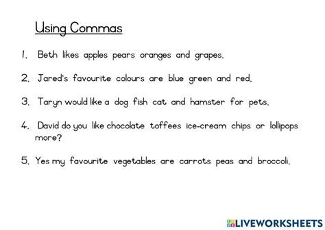 Using Commas For Grade 1 Sa Worksheet Live Worksheets Worksheets Library