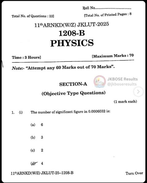 Jkbose 11th Physics Paper 2025 Held Today Download Question Paper Pdf