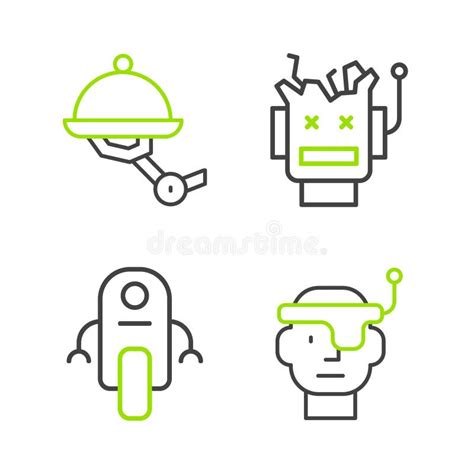 Set Line Smart Glasses Robot Broken Robot And Waiter Icon Vector