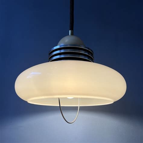 White Space Age Pendant Lamp With Plexiglass Shade And Chrome Top Cap 261252