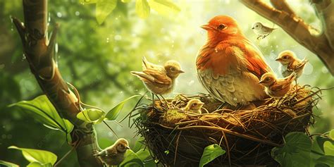 Mother Bird Nurturing Her Adorable Chicks In A Nest New Beginnings
