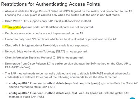 Restrictions For Dot1x Authentication For Access Points On Trunk Ports