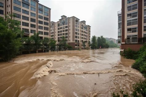 Flash Flood Causes A River To Overflow Its Banks Flooding Nearby Streets And Buildings Stock