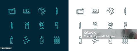 라인 마커 펜 페인트 스프레이 건 캔 필통 문구 팔레트 그래픽 태블릿 및 디자인 프로그램 아이콘과 컴퓨터를 설정합니다 벡터 개념에 대한 스톡 벡터 아트 및 기타 이미지