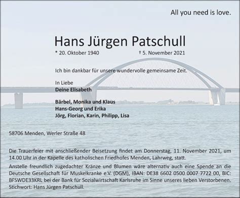 Traueranzeigen Von Hans Jürgen Patschull Trauer In Nrw De