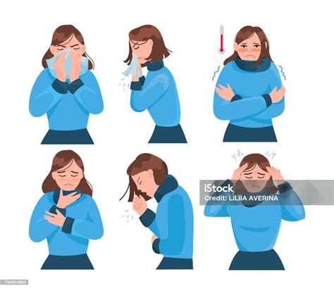 바이러스 성 또는 알레르기 질환의 증상을 가진 여자 신체의 염증 과정에 대한 반응 기침 콧구멍 인후통 및 두통 코비드 19 오미칸 코 풀기에 대한 스톡 벡터 아트 및 기타