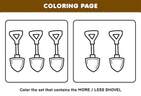 귀여운 만화 삽 라인 아트 세트 인쇄용 도구 워크시트의 다소간 그림을 색칠하는 어린이를 위한 교육 게임 프리미엄 벡터