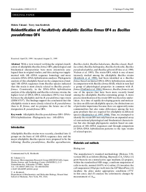 Pdf Reidentification Of Facultatively Alkaliphilic Bacillus Sp C 125