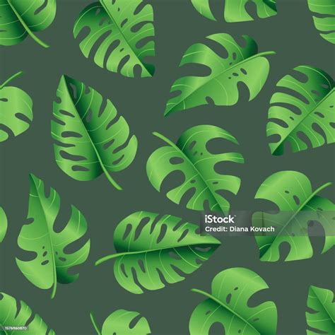 열대 야자수 잎 정글 몬스테라 잎의 매끄러운 패턴 녹색 식물의 이국적인 컬렉션입니다 손으로 그린 식물 벡터 그림 인사말 카드 벽지 포장지 패브릭 가을 단풍에 대한 스톡 벡터