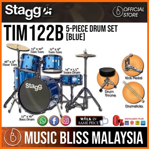 Stagg Tim122b Full Size Adult 5 Piece Acoustic Drum Set With Hardware And Cymbals Blue Total