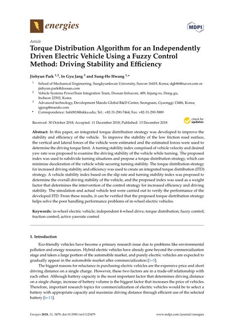 Pdf Torque Distribution Algorithm For An Independently Driven Electric Vehicle Using A Fuzzy