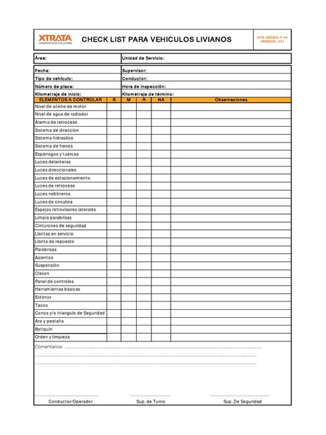 Check List Para Vehiculos Livianos A4 Pdf