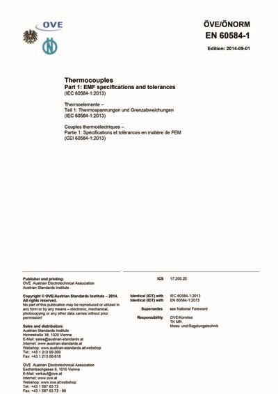 Oveonorm En 60584 12014 Thermocouples Part 1 Emf Specifications