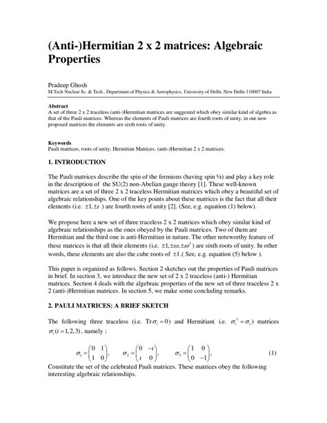 Pdf Anti Hermitian 2x2 Matrices Algebraic Properties