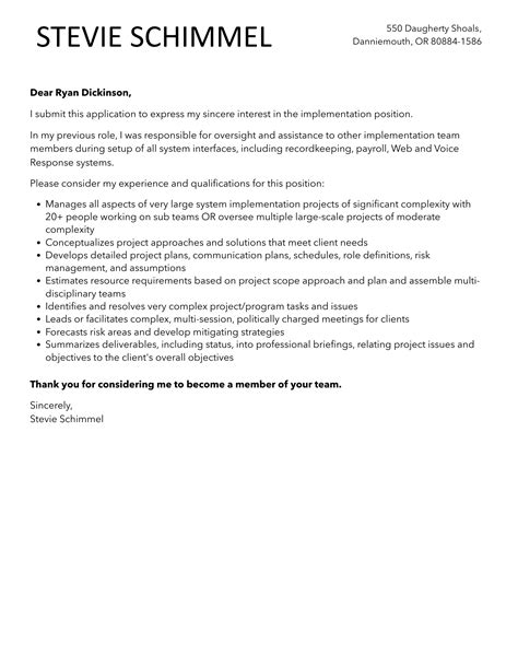 Implementation Cover Letter Velvet Jobs