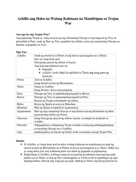 Buod Ng Achillis Ang Halos Na Walang Kahinaan Na Mandirigma Sa Trojan War Pdf