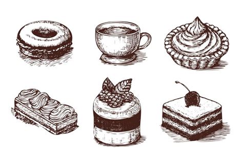 Set Of Vintage Hand Drawn Dessert Cup Tea Coffee And Sweet Dessert