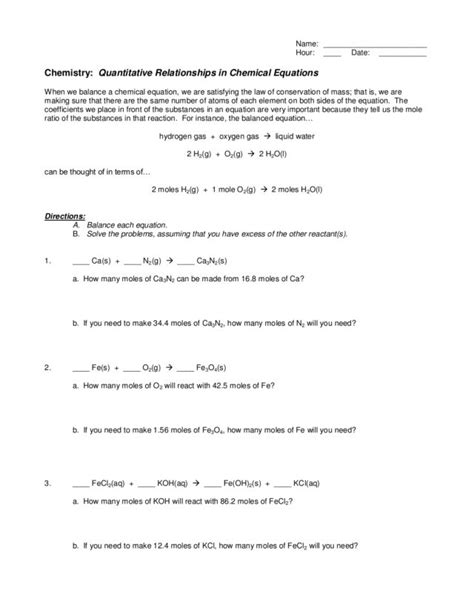 Quantitative Relationships In Chemical Equations Worksheet For 10th 12th Grade Lesson Planet