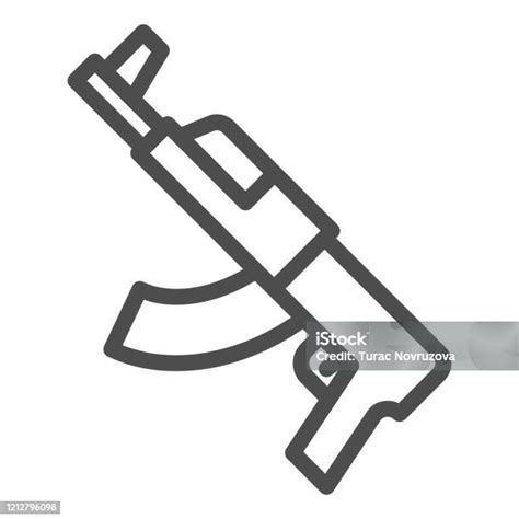 칼라쉬니코프 돌격 소총 라인 아이콘입니다 총기 기계 무기 기호 흰색 배경에 윤곽 스타일 그림 모바일 개념 및 웹 디자인에 대한 군사 또는 전쟁 기호 벡터 그래픽 총에 대한