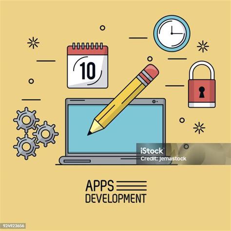 베이지색 배경 화면 및 일반적인 아이콘 주위에 연필로 노트북과 애플 리 케이 션 개발의 포스터 개념에 대한 스톡 벡터 아트 및