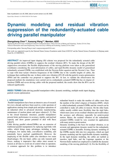 Pdf Dynamic Modeling And Residual Vibration Suppression Of The Redundantly Actuated Cable