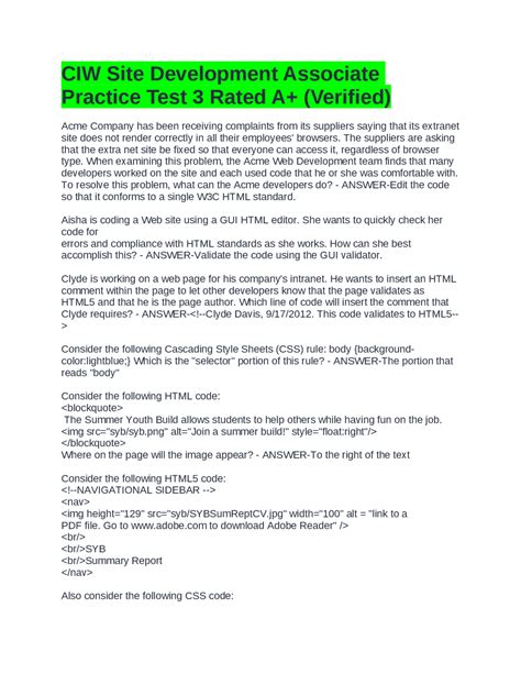 Ciw Site Development Associate Practice Test 3 Exams Advanced
