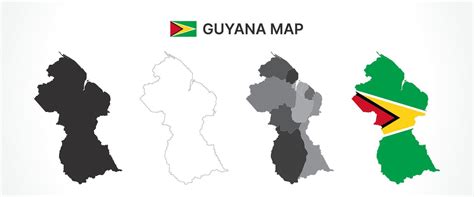 Detailed Guyana Map Collection With Outline Silhouette Regions And